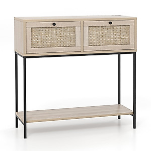 Giantex Console Table with Rattan Drawers - 31.5" Entryway Table w/ 2 Drawers & Open Storage Shelf, Metal Frame, Boho Style Long Sofa Side Table, Narrow Entry Table for Living Room Foyer Hallway