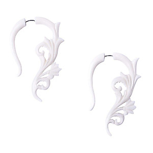 81stgeneration Fake Ear Tapers for Women - White Carved Bone Jewelry - Floral Style Carving - Men's Fake Stretcher Earrings - Fake Tribal Gauges - Bone Earrings Halloween