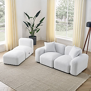 Taiweny Convertible Modular Sectional Sofa, Boucle Fabric L-Shaped Modern Bubble Couch with Ottoman, 3-Seater Sherpa Teddy Sofas for Living Room Apartment, 94”, White