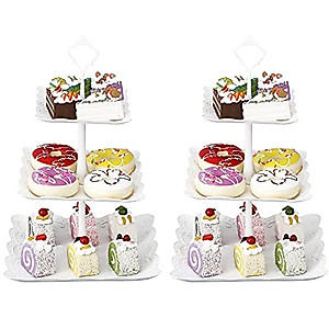 2 Set of 3-Tier Plastic Cupcake Stand Dessert Plates Mini Cakes Fruit Candy Display Tower White for Kids Birthday Tea Party Baby Shower Serving Tray, Square