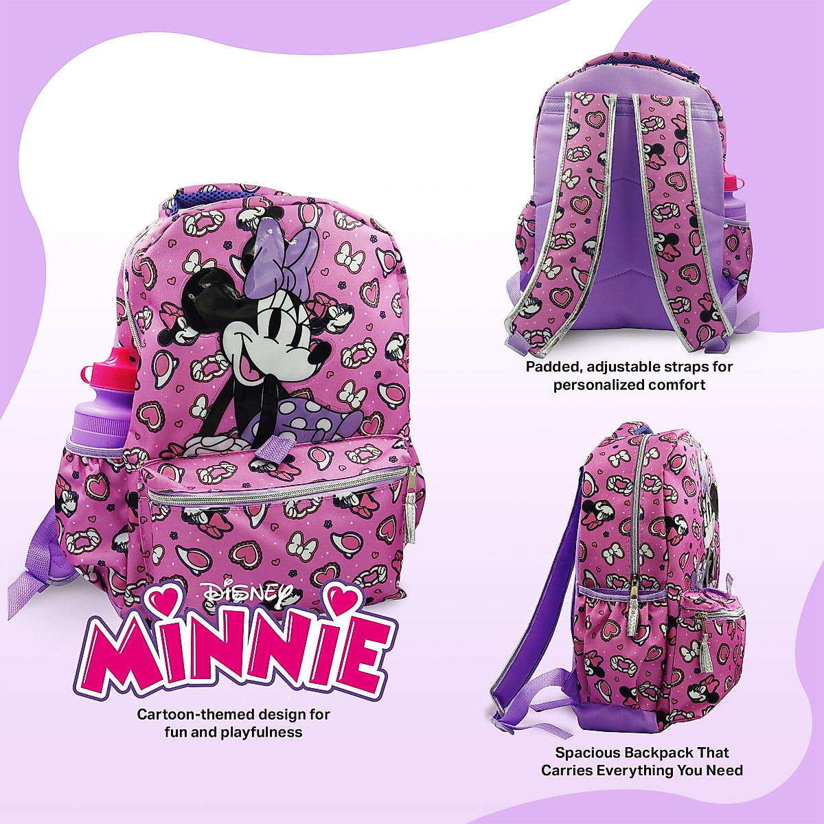 Fast Forward Minnie Mouse Backpack with Lunch Box 16 inch - 6-Piece Set, Minnie Mouse Bookbag, Perfect for Back to School & Elementary Age Girls