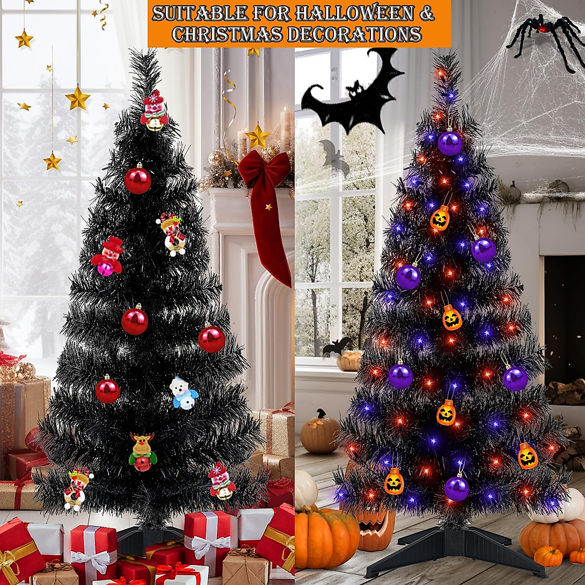 8 Modes TURNMEON 3 Ft Halloween Black Tree Decor with Timer 50 LEDs Lights Small Halloween Tree Battery Powered Artificial Black Xmas Tabletop Halloween Tree Decorations Home Indoor Outdoor Party