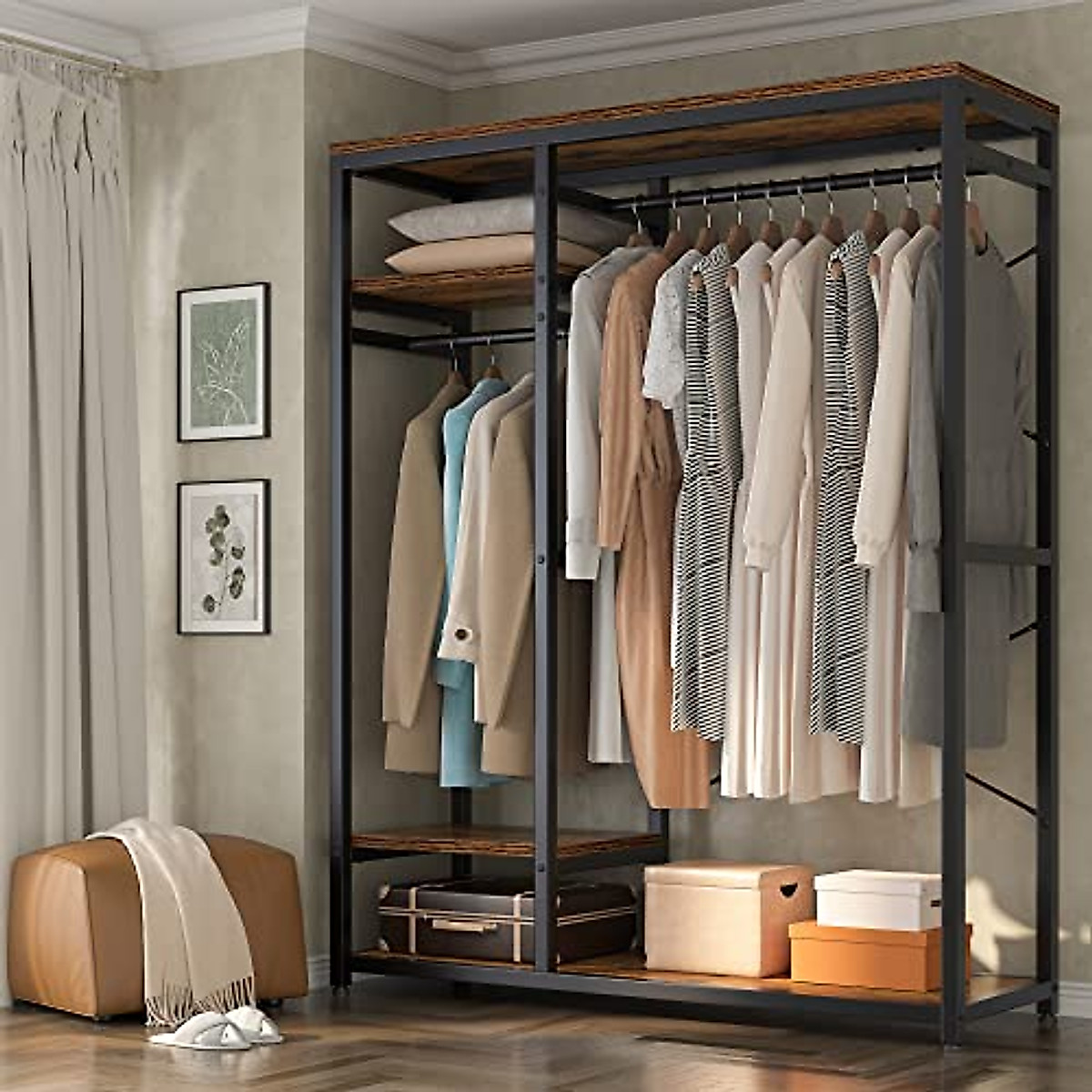 Raybee Free Standing Closet Organizer Heavy Duty Metal Wooden Clothing Rack with Shelves Capacity 400LBS 71"H Freestanding Clothes Rack Garment Rack for Hanging Clothes