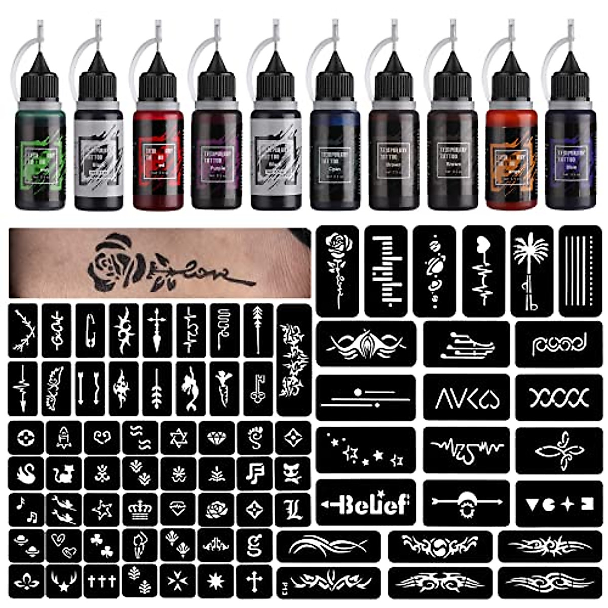 STIGMA Temporary Tattoo Kit 10 Bottles Color Inks, 84 Pcs Stencils Kit for Body Paint DIY Tattoos Temp, (Black, Cyan, Red, Green, Blue, Purple, Brown, Orange,Yellow,Grey)