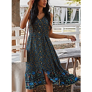 TEMOFON Women Dress Summer Sleeveless Bohemian Floral V Neck Button Down Flowy Boho Dresses 2025 Navy Blue XL
