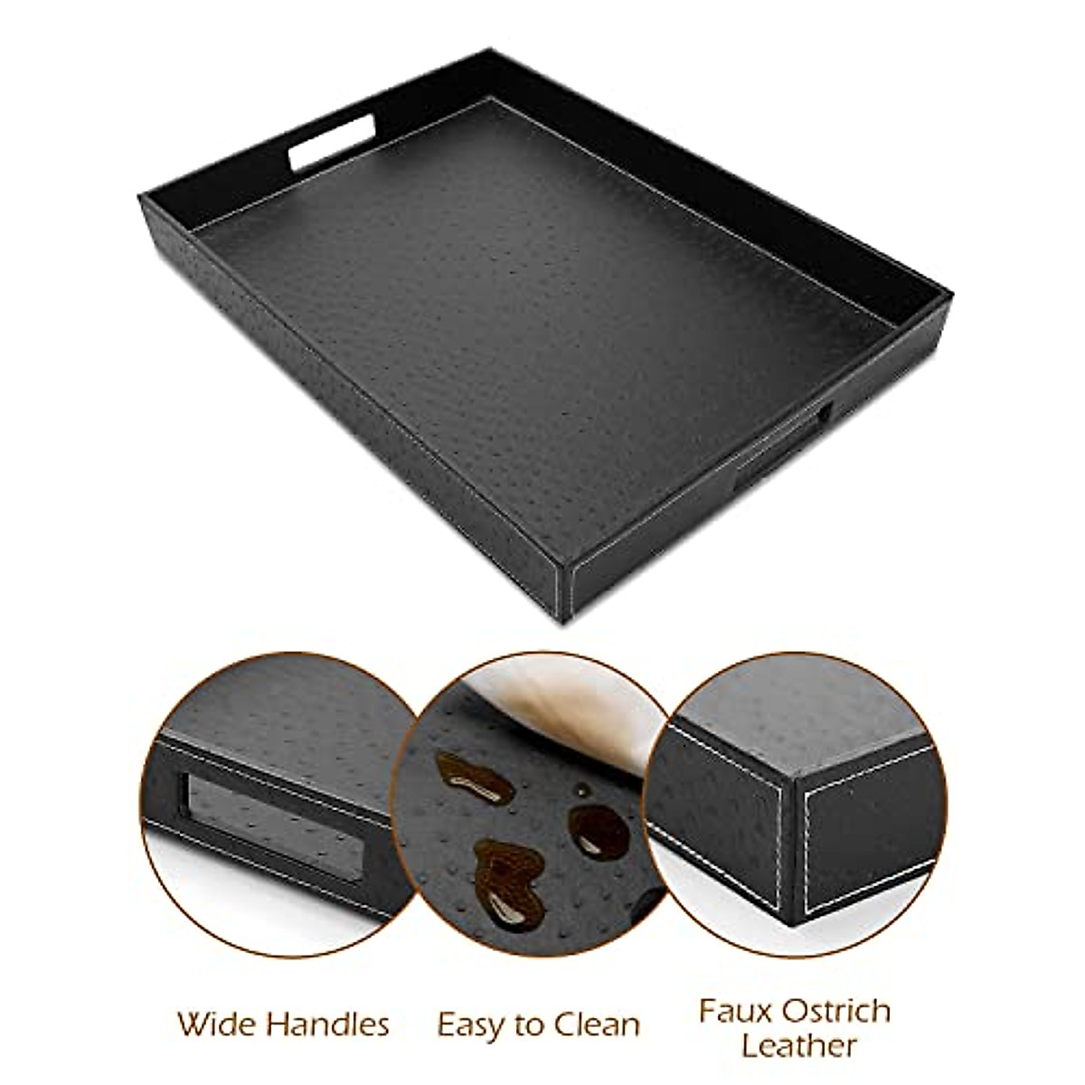 Ranslen Serving Tray with Handles, 20 x 16 Inch Rectangular Leather Tray for Coffee Table, Breakfast, Kitchen Home Black Tray Decor Extra Large