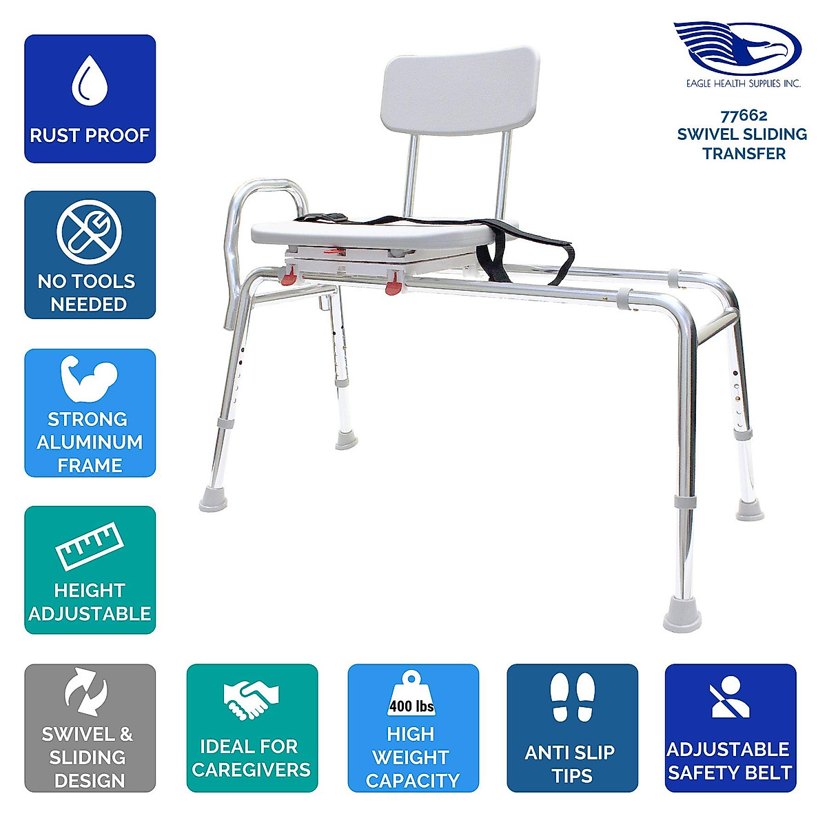 Eagle Health Supplies - Swivel Sliding Bath Transfer Bench (77662) - Regular (Base Length: 39" - 40") - Heavy-Duty Shower Bathtub Chair