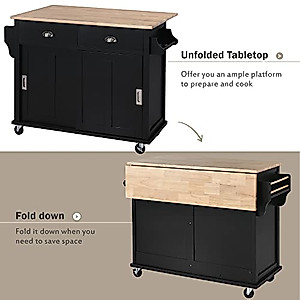 Kitchen Utility Cart, Rolling Kitchen Island on 4 Wheels with Sliding Barn Door, Mobile Kitchen Cart with Rubber Wood Drop Leaf Countertop, Kitchen Storage Cabinet with 2 Drawers & Spice Rack, Black