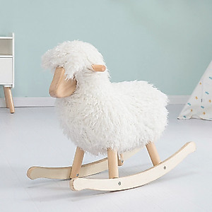 Rocking Horse for 1+ Year, Baby Rocking Horse for 1 Year Old,Wooden Cow/Yak Horse Rocking with Wicker Plush Fur for 2 Years Old(Bull Buffalo) (White Lamb)