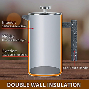 BAZZEFF French Press Coffee Maker 34oz with Double-Insulated Stainless Steel Large Metal Coffee Press with 3 Layer Filtration System for Ultimate Coffee Tea Brewing in Travel Camping or Home