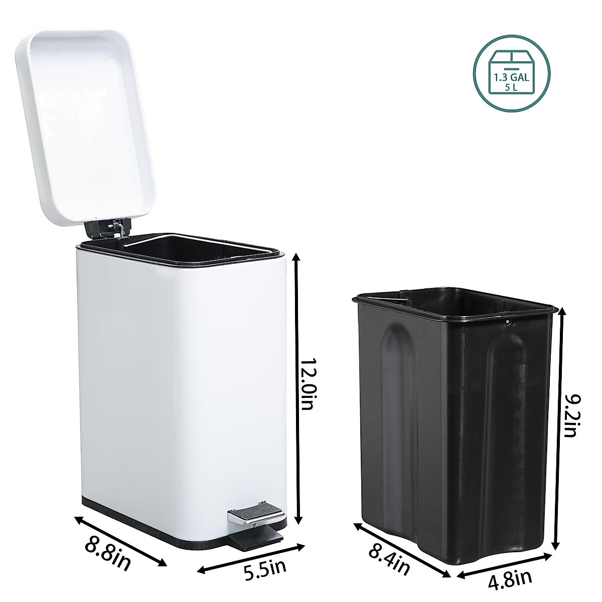 1.3 Gallon- Rectangular Small Steel Step Trash Can Wastebasket,Stainless Steel Bathroom Slim Profile Trash Can,5 Liter Garbage Container Bin for Bathroom,Living Room,Office and Kitchen,White