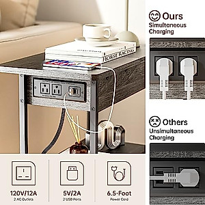 HOUIT End Table with Charging Station, Narrow Flip Top Side Table with USB Ports and Outlets, Nightstand with Storage for Small Spaces, Bedside Tables for Living Room, Bedroom - Gray