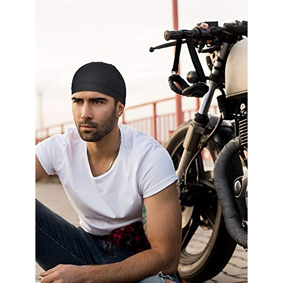 Boao 6 Pieces Skull Caps Helmet Liner Sweat Wicking Cap Running Hats Cycling Skull Caps for Men Women (Black, X-Large)