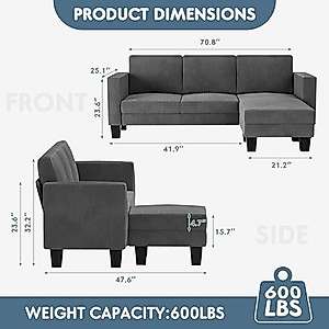 YESHOMY L-Shaped Convertible Sectional Sofa, 3 Seater with Corduroy Fabric, Complete with Mobile Footrest, 70", Gray
