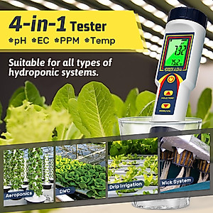 CIZTADA pH Meter for Water 4 in 1 pH EC TDS Temp Meter for Hydroponics PPM and EC Water Tester Digital pH PPM Meter for Nutrients Growing Hydroponics Gardening DWC hydroponics System