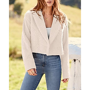 BTFBM 2023 Women's Fashion Fuzzy Fleece Short Jacket Fall Winter Lapel Button Down Outerwear Long Sleeve Faux Fur Coat(Solid Beige, Medium)