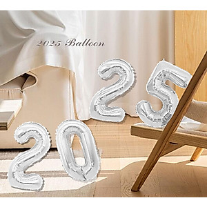 16 Inch 2025 Balloons, 2025 Foil Number Balloons for 2025 New Year Eve Festival Party Supplies Graduation Decorations, Silver