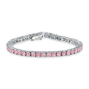 Bling Jewelry 12 CTW Prong Basket Set Solitaire Round Cubic Zirconia Simulated Light Pink Tourmaline AAA CZ Tennis Bracelet for Women Prom Bride Silver Plated