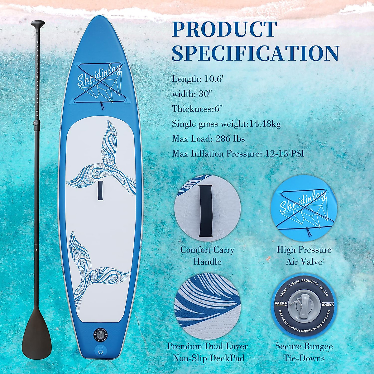 Inflatable Paddle Board,6 Inches Thick Paddle Boards for Adults, Stand Up Paddle Board with Surfboard Accessories for Surfers of All Skill Levels(Blue)