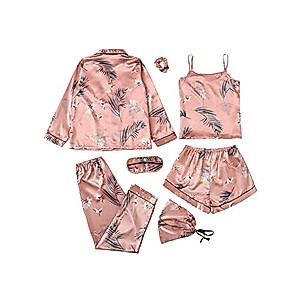 SheIn Women's 7pcs Pajama Set Cami Pjs with Shirt and Eye Mask Pink Crane Large