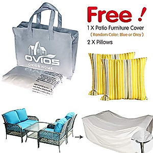 ovios Patio Wicker Outdoor Furniture Sets, Outdoor Patio Furniture Sets, All Weather Patio Furniture, Rattan Wicker Conversation Set with Cushions and Coffee Table (Gray Wicker + Blue Cushion)