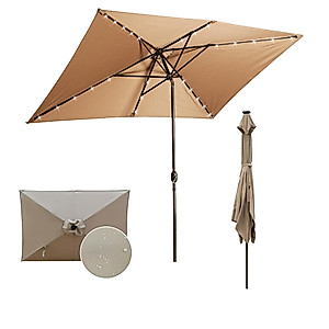 MONDAWE Outdoor Solar LED Patio Umbrella 10 x 6.5 FT Rectangular Market Umbrella with Lights， Tilt and Crank Aluminum Commercial Table Umbrella for Pool Backyard Balcony