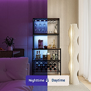 GEBAROW Wine Rack Freestanding, Metal Wine Rack, Industrial Wine Bakers Rack with LED and Sockets, Bar Cabinet with Glass Bottle Holder for Home Kitchen Dining Room, Rustic Brown