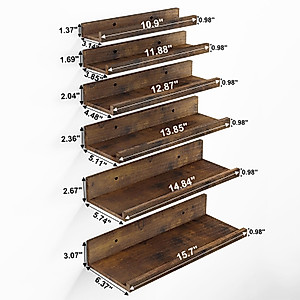 Fixwal Floating Shelves, 6 Sets of Wall Mounted Shelves for Home Decor, Modern Picture Ledge Shelves for Living Room, Bedroom, Bathroom, Kitchen (Brown)