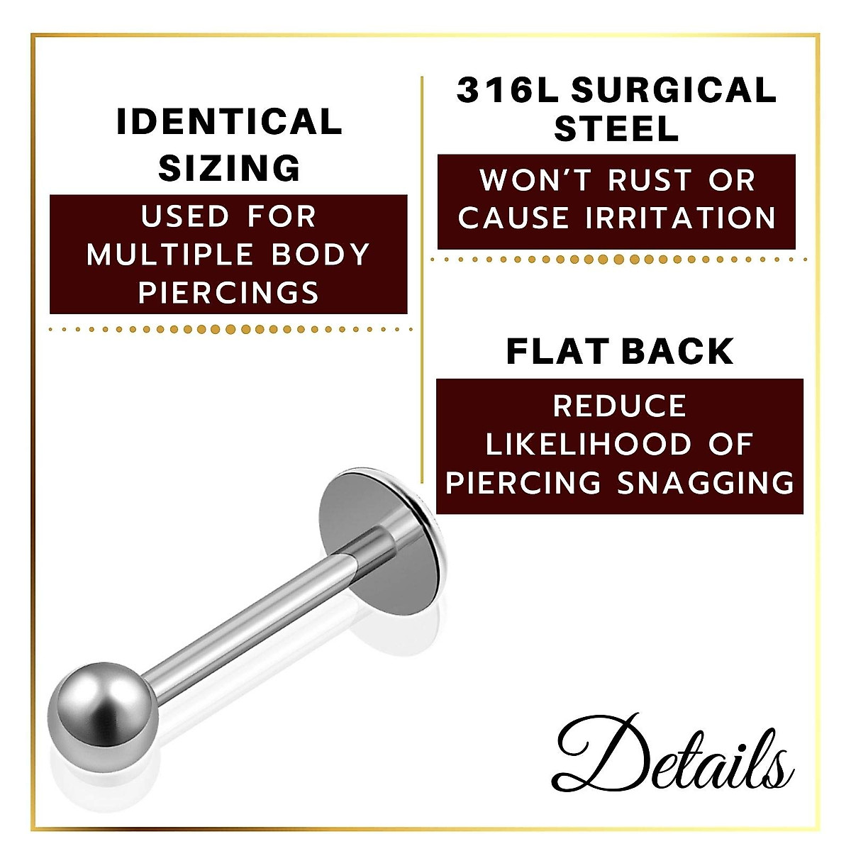 2Pcs Surgical Steel 18g 1/2 12mm labret Stud Piercing Jewelry Spider Bite Monroe Vertical Monroe Cartilage 3mm Ball M0226