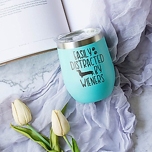 shop4ever Easily Distracted By Engraved Insulated Stainless Steel Wine Tumbler with Lid Funny Dachshund Weiner Dog Mom Gift (Teal)