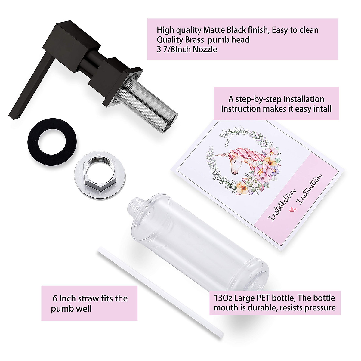 Sink Soap Dispenser for Kitchen Sink (Matte Black), All Brass Built-in and Refill from Top Design,Metal Hand Soap & Dish Soap Copper Pump