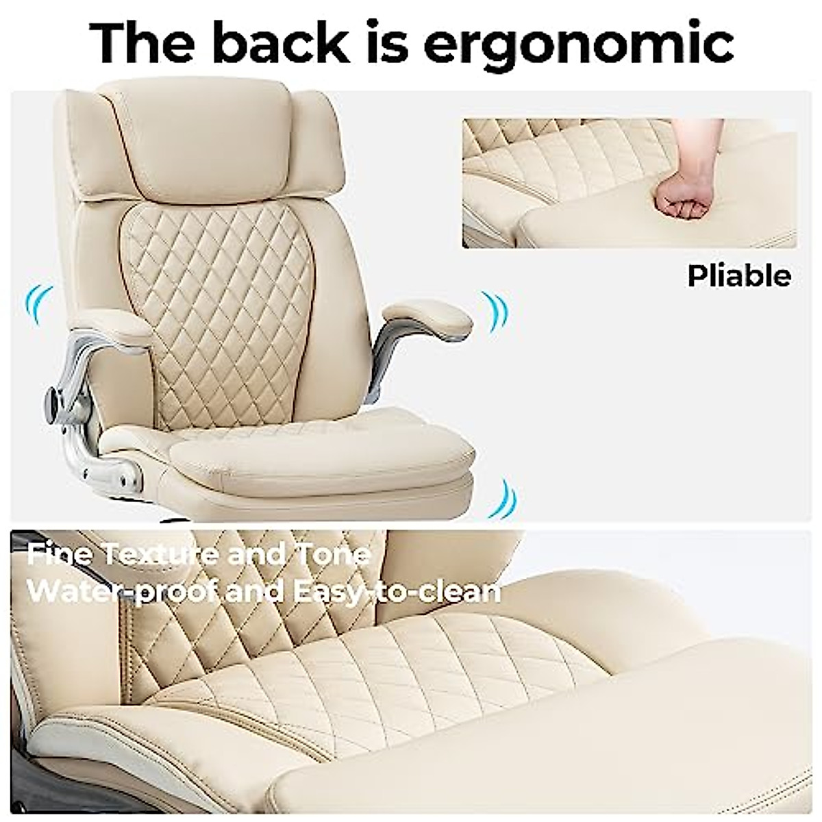 HOMYEDAMIC High Back Office Chair with Adjustable Arms, PU Leather Computer Executive Chairs Big Tall Swivel Ergonomic Adjustable Tilt Angle, Wide Thick Seat, Design for Back Pain(Beige)