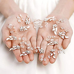 Unicra Leaf Wedding Hair Vine Flower Bridal Hair Piece Crystal Rhinestone Long Headband for Women and Girls (Rose Gold)