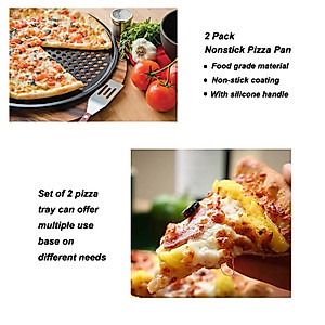 ZOEHROWS Pizza Pan for Oven (2 Pack) Round Pizza Pan with Holes - Non-Stick Carbon Steel Pizza Tray with Silicone Handles - for Cooking, Baking, and Grilling - Dishwasher Safe