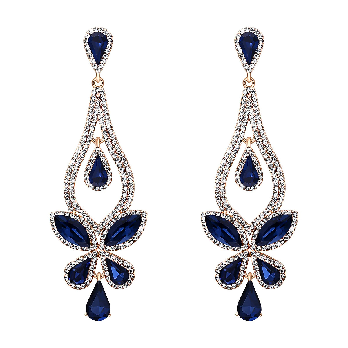 BriLove Women's Wedding Bridal Crystal Teardrop Butterfly-Shape Pierced Dangle Earrings Navy Blue Gold-Tone