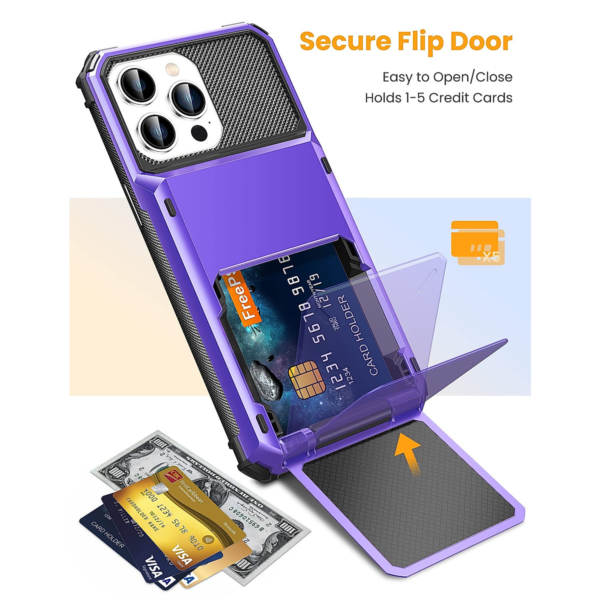 TITACUTE for iPhone 14 Pro Case 6.1 Wallet 5 Credit Card Holder ID Slot Flip Cover Design Back Pocket Scratch Resistant Hard Shell TPU Hybrid Protective Bumper Armor for iPhone 14 Pro Purple