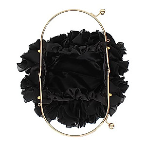 Women Rose Clutch Purse Satin Floral Evening Bag Wedding Party Top-handle Handbag (Black)