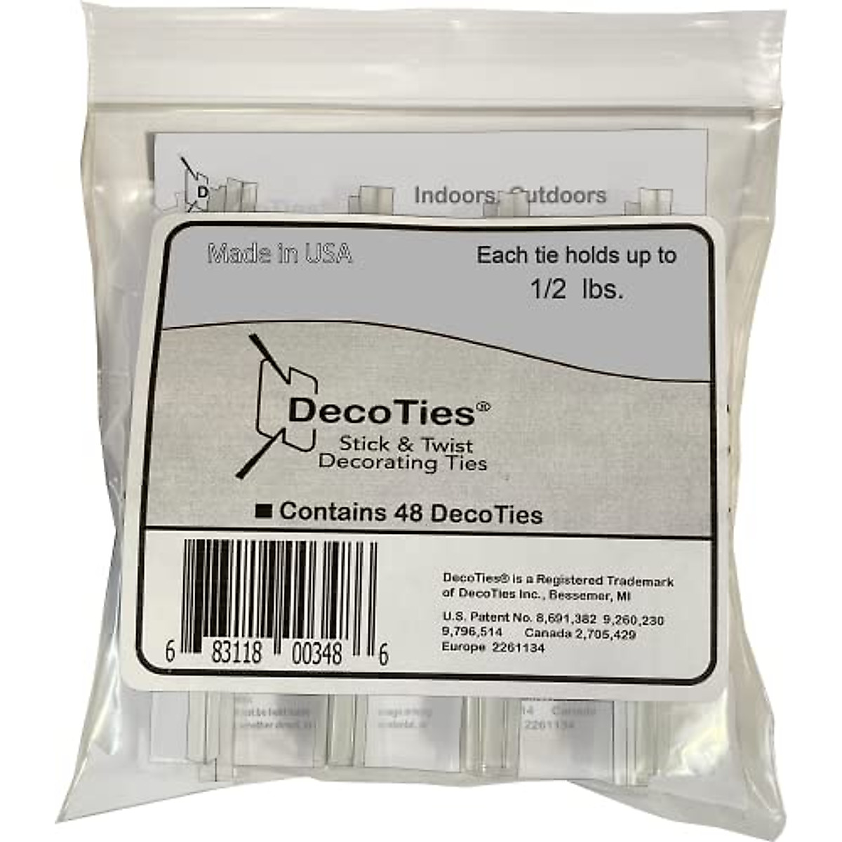 DecoTies Brand Fasteners, Stick & Twist Decorating Ties for Hanging Light Strings, Garlands, Streamers, Light Curtains, Vines, Lightweight Decorations on Various Surfaces, Removable, Clear Ties (48)