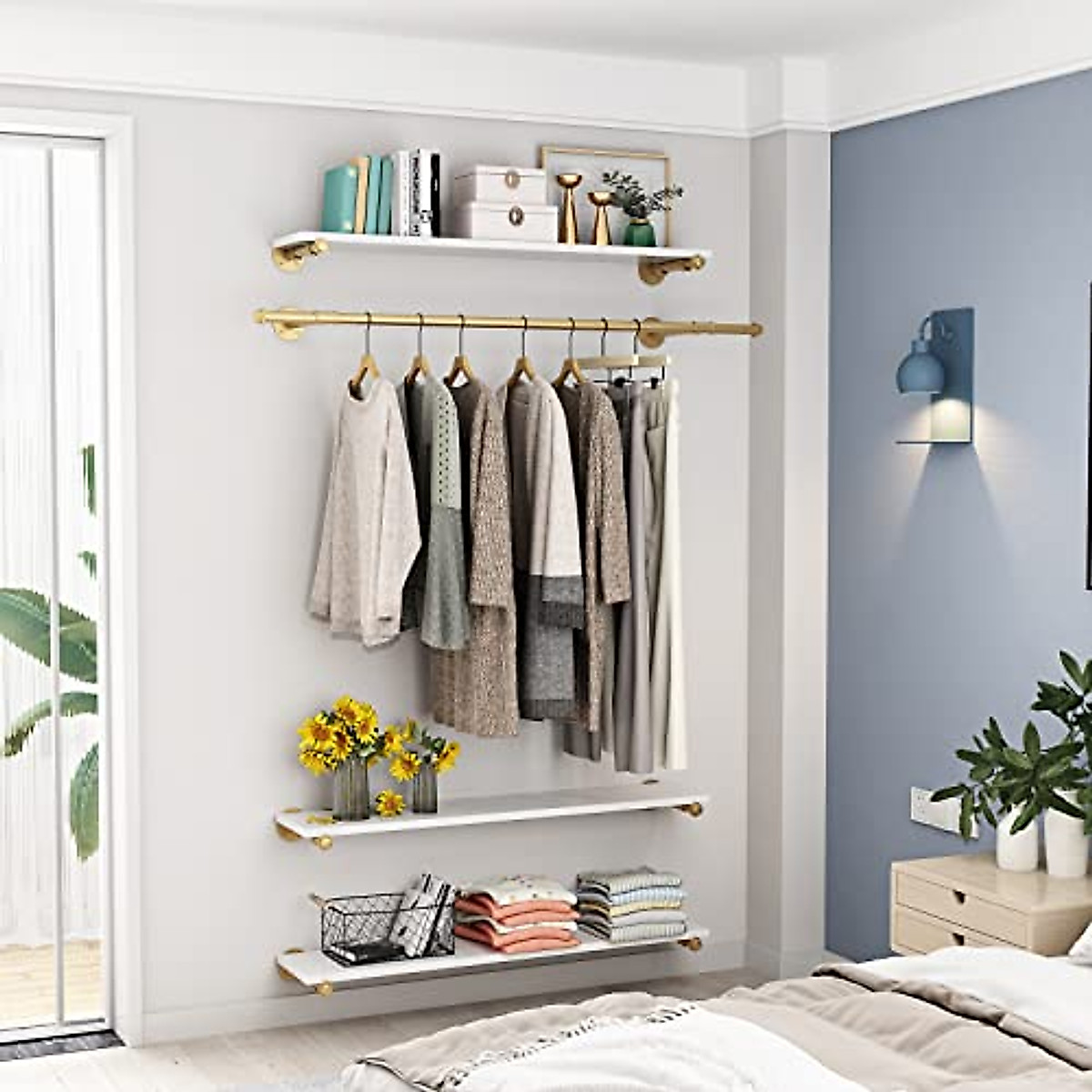 HOMEKAYT Gold Clothing Rack Wall Mounted Garment Rack with Wooden Shelves Set of 3 for Office Bedroom Living Room-GOLD