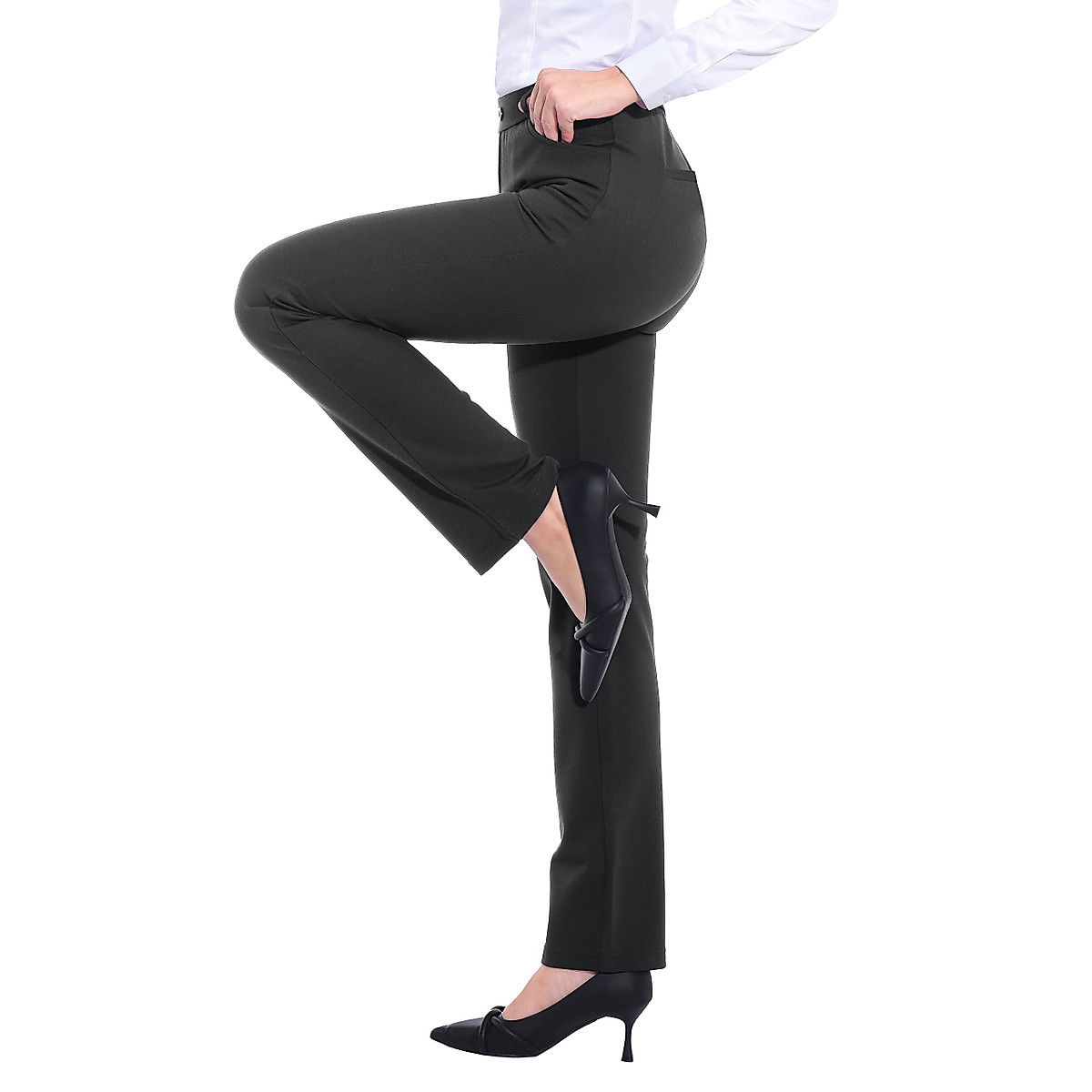 ZTN Women's Yoga Dress Pants Pull On Straight Leg Slacks with Belt Loops Dressy Casual M Dark Grey