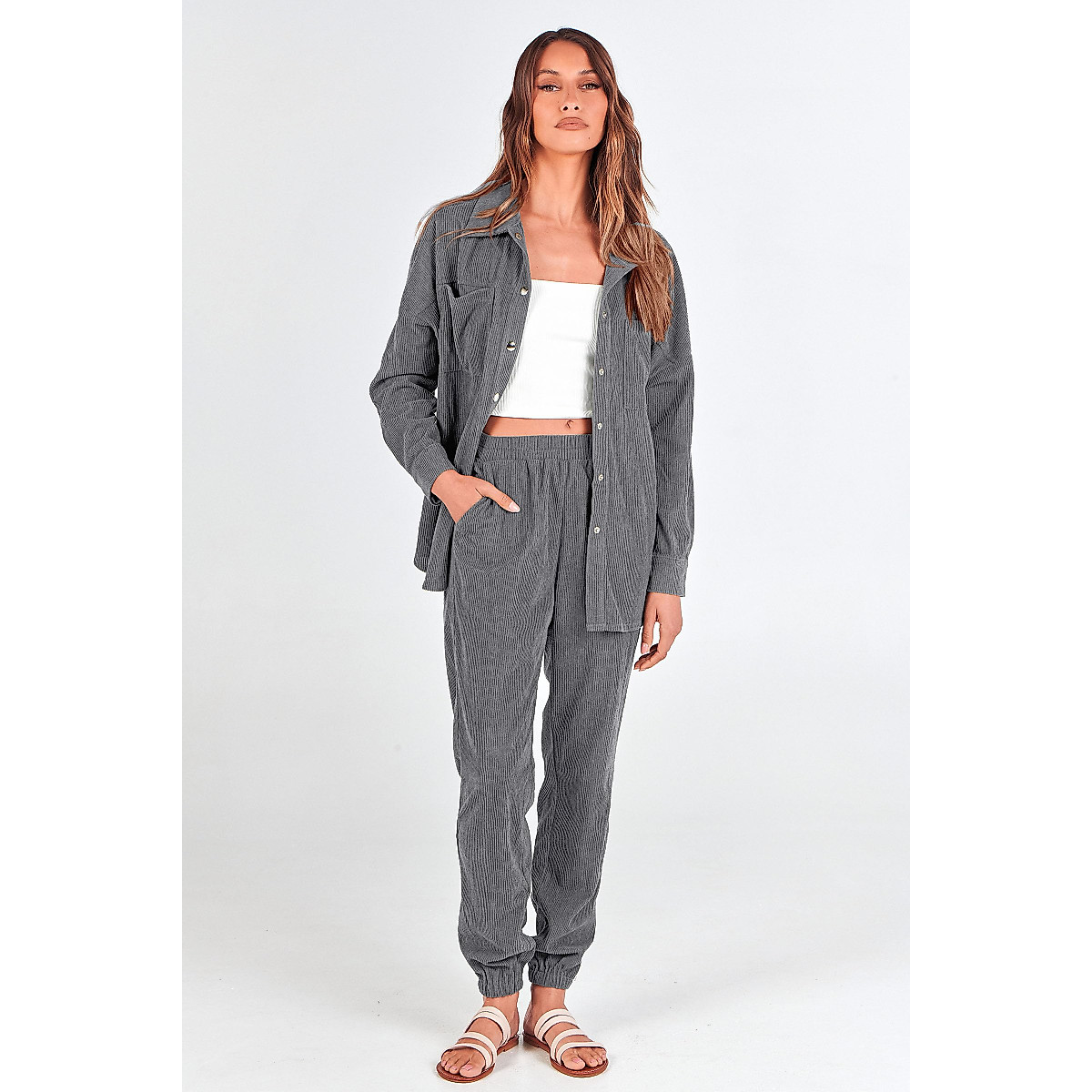 PRETTYGARDEN Women's 2 Piece Outfits Casual Corduroy Long Sleeve Button Down Jacket and Pants Tracksuit with Pockets (Grey,Large)