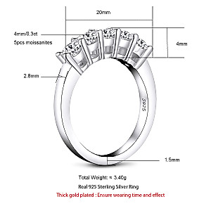 AnuClub 5 Stone Moissanite Ring 1.5cttw D Color Lab Diamond Gold Plated Silver Half Eternity Anniversary Wedding Band Ring With Certificate