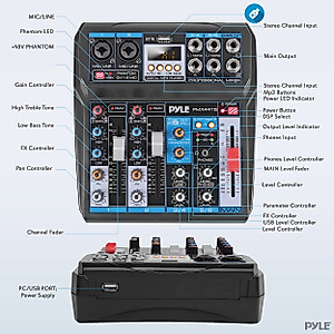 Pyle Professional Wireless DJ Audio Mixer - 6-Channel Bluetooth Compatible DJ Controller Sound Mixer w/ DSP Effects, USB Audio Interface, Dual RCA In, XLR/1/4" Microphone In, Headphone Jack- PMX44T.5