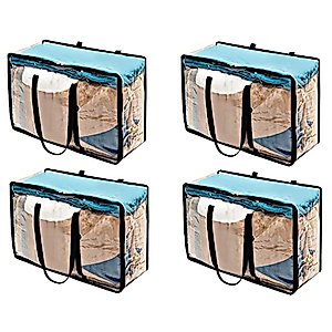 Tidy Zebra Set of 4 Large Storage Bag Organizers with Strong Handles & Zipper, Clear Storage Bins for Clothes, Bedding, Closet, Bedroom & Under Bed Storage, Great for Collage & Home Organization
