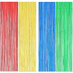 Boopati 3.2x6.6 ft Red Yellow Blue Green Metallic Tinsel Foil Fringe Curtains for Mario Theme Party Boy Birthday Baby Shower Photo Backdrop Decorate,4 Packs