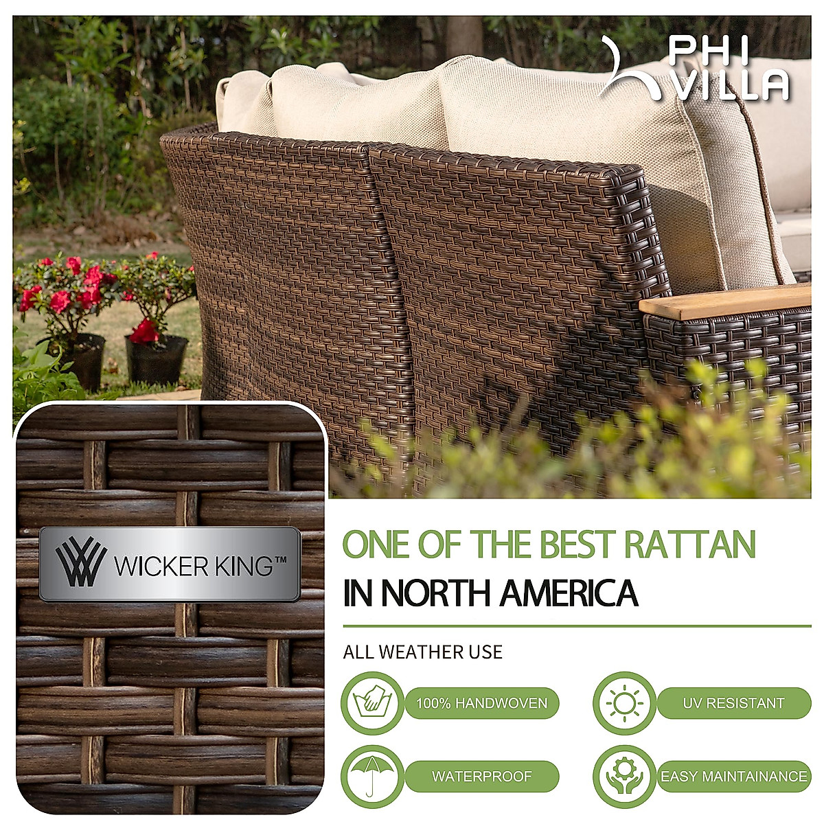 PHI VILLA Oversized 3-Seater Patio Couch Outdoor Wicker Patio Furniture Sofa Set for 3 People Conversation Rattan Sofa Set Outdoor Garden