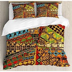 Ambesonne African Duvet Cover Set, Grunge Collage Motifs Traditional Art Ornate Geometric, Decorative 3 Piece Bedding Set with 2 Pillow Shams, Queen Size, Yellow Orange