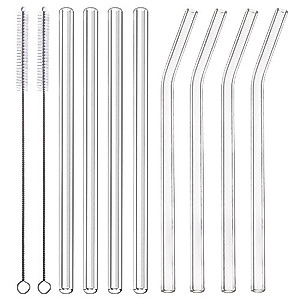 ALINK Glass Smoothie Straws, 10" x 10 mm Long Reusable Clear Drinking Straws, Pack of 8 with 2 Cleaning Brush,