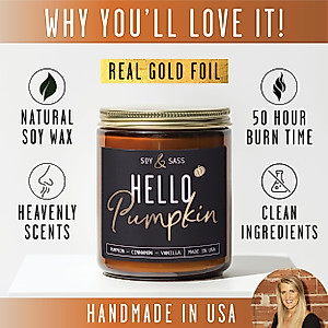 Pumpkin Spice Candle, Fall Candles - 'Hello Pumpkin' Pumpkin Candle, Autumn Scented Soy Candles for Home, Fall Scented Candles for Home, Fall Home Décor, 9oz Reusable Jar, 50Hr Burn, Made in USA