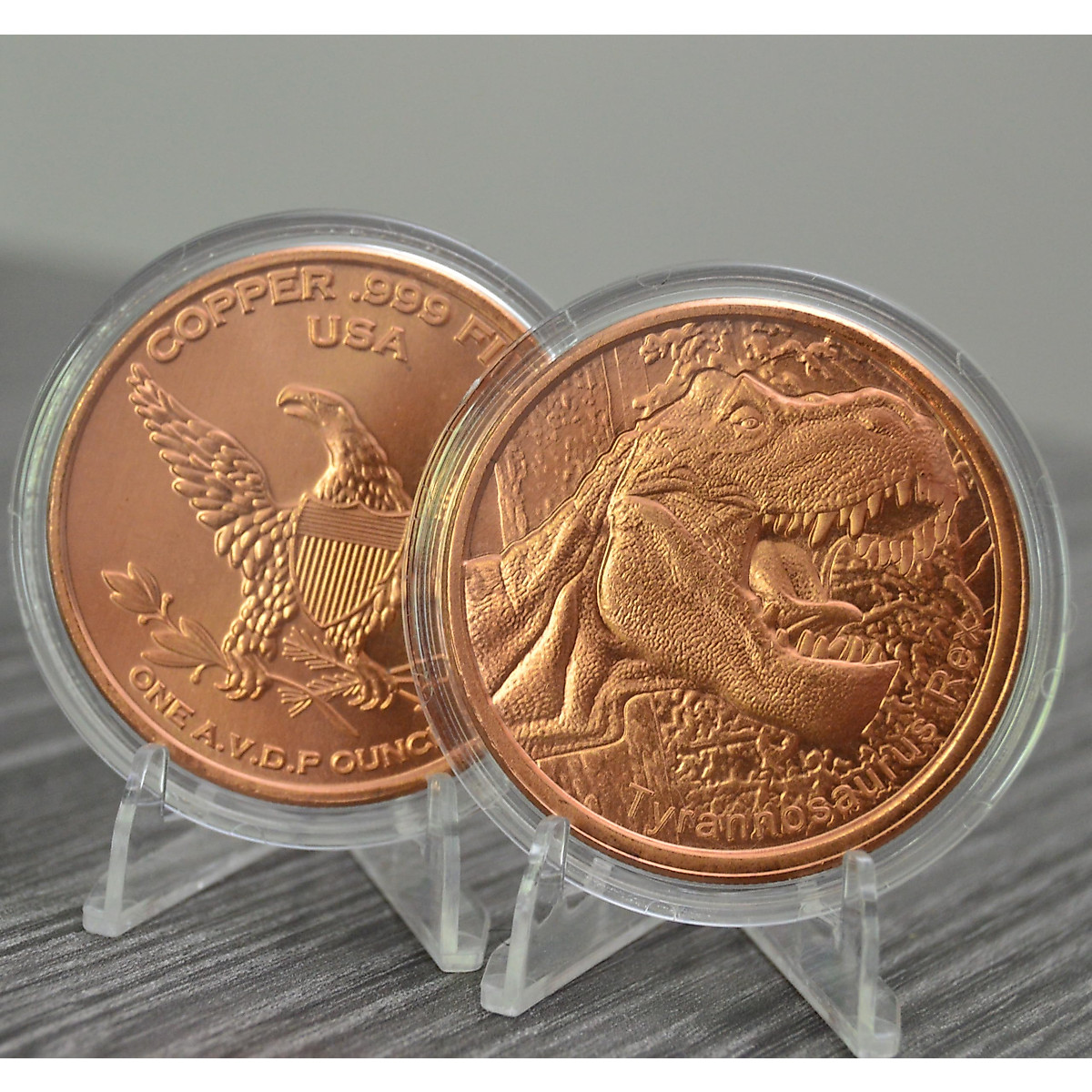 Roaring Tyrannosaurus Rex Prehistoric Dinosaur - 1 oz .999 Pure Copper Round Collecticble 39mm Challenge Coin in Capsule - COA by Heavenly Metals